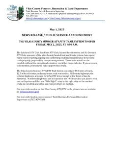 2025 Trail Opening Announcement - St. Germain ATV Club